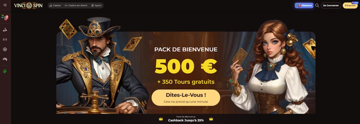 Vincispin casino | Bonus 500€ + 350 FS